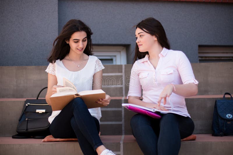 Two Young Female Students Preparing for Exams Stock Image - Image of ...