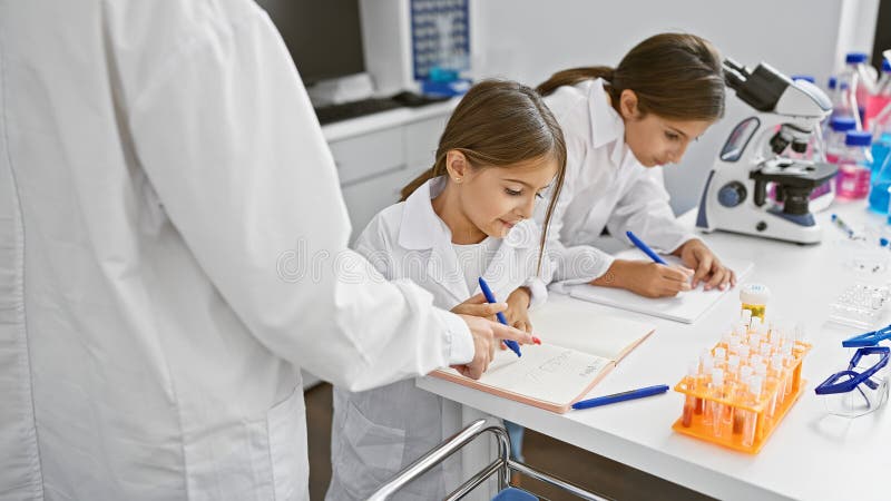 Two Young Girls in Lab Coats Taking Notes in a Science Laboratory with ...