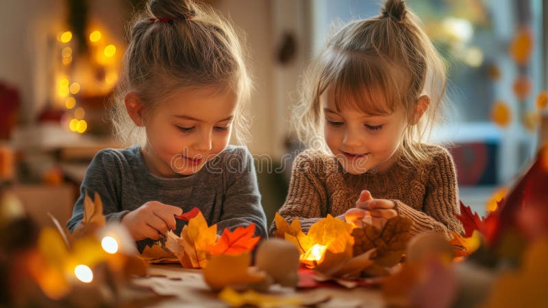 Two Young Girls Making Fall Crafts with Leaves and Candles Stock ...