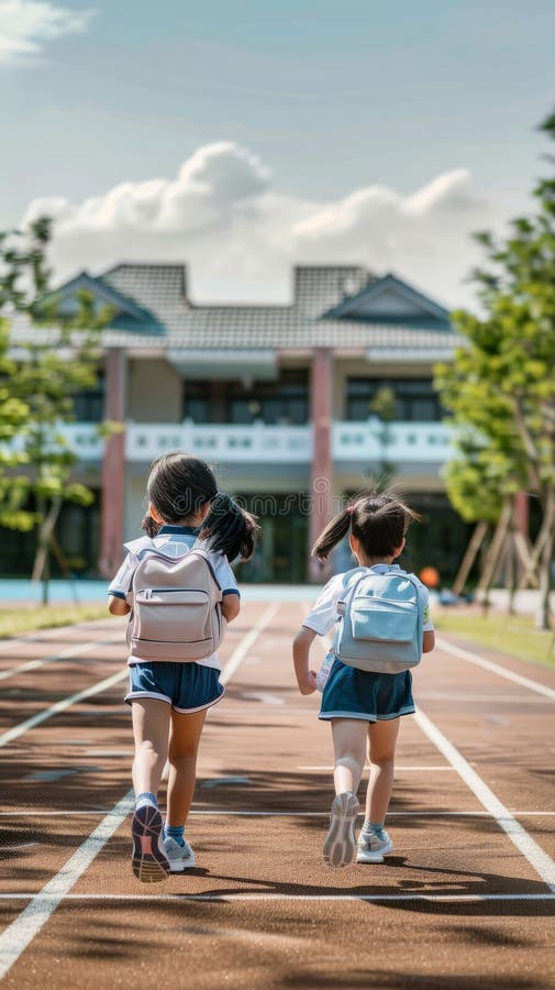 Two Young Girls Walking Down Track Stock Image - Image of jumping, wear ...