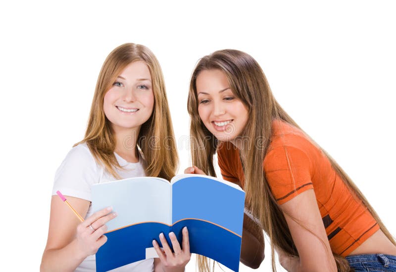 Two Young Happy Student Girl, Isolated on White Stock Photo - Image of ...
