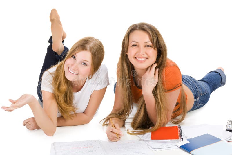 Two Young Happy Student Girl, Isolated on White Stock Photo - Image of ...