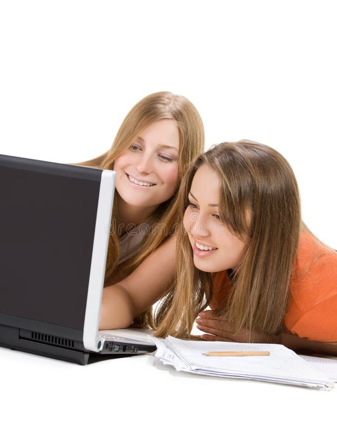 Two Young Happy Student Girl Work on Laptop Stock Photo - Image of ...