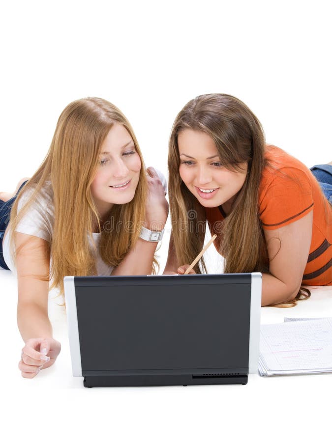 Two Young Happy Student Girl Work on Laptop Stock Image - Image of ...
