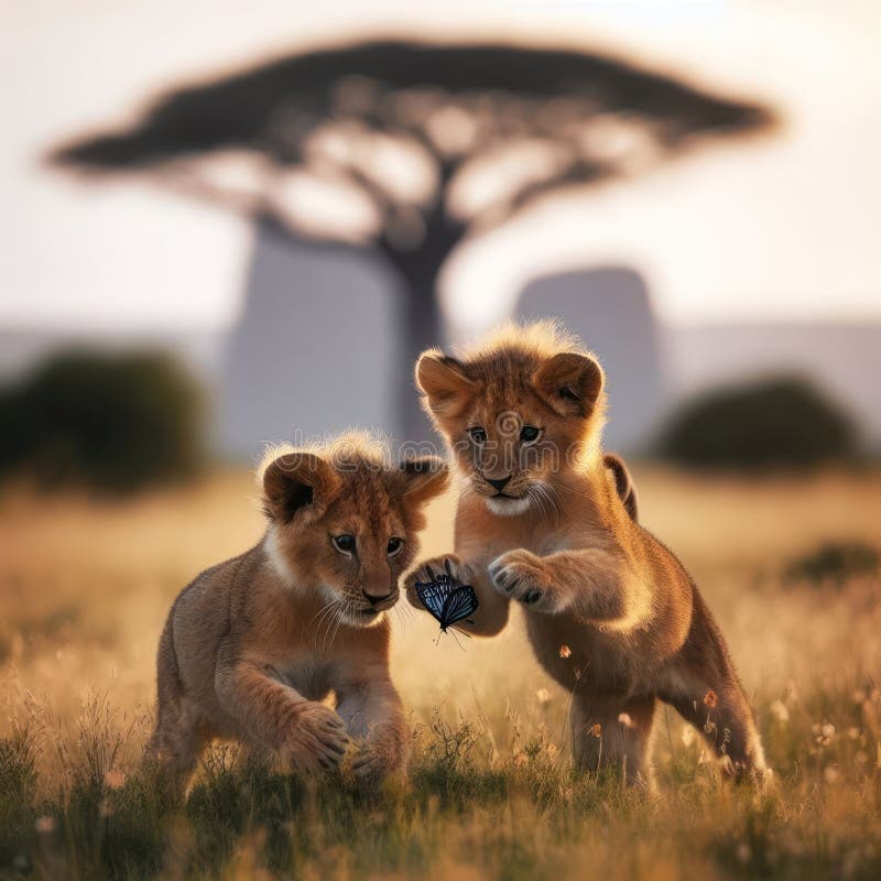 Two Young Lion Cubs Playing and Learning To Hunt Stock Illustration ...