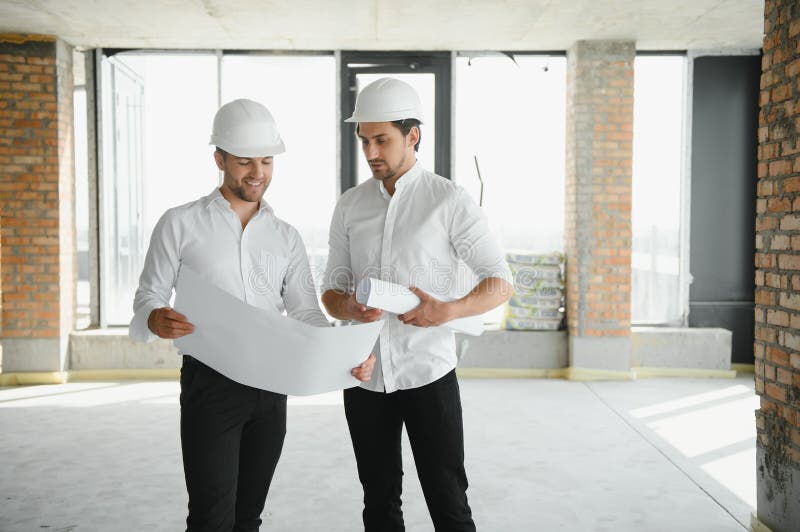 Two Young Man Architect on a Building Construction Site Stock Image ...