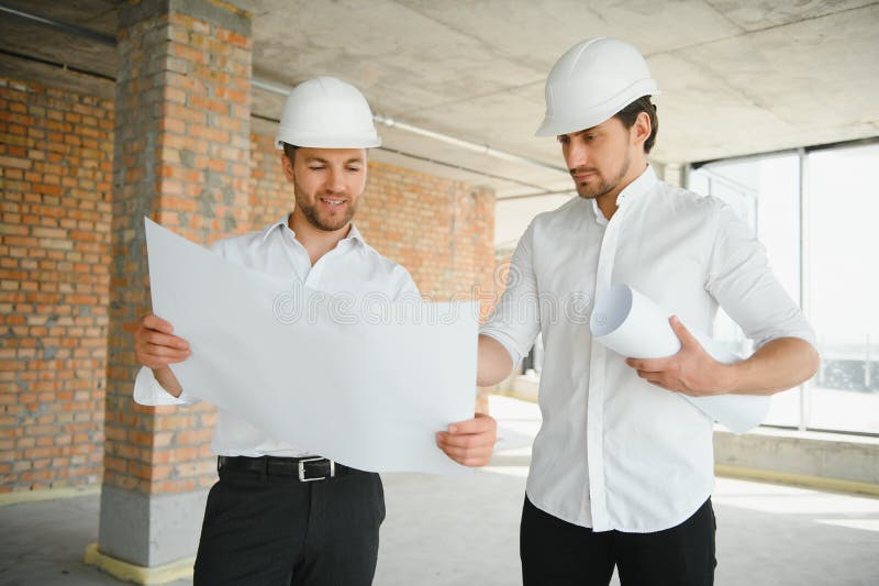 Two Young Man Architect on a Building Construction Site Stock Image ...