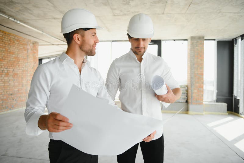 Two Young Man Architect on a Building Construction Site Stock Image ...