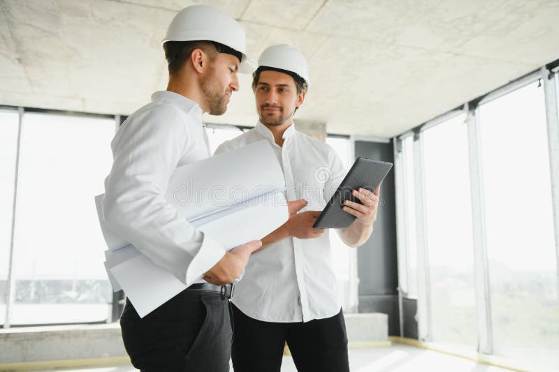 Two Young Man Architect on a Building Construction Site Stock Image ...