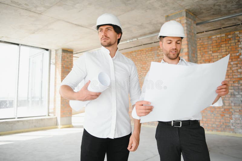 Two Young Man Architect on a Building Construction Site Stock Image ...