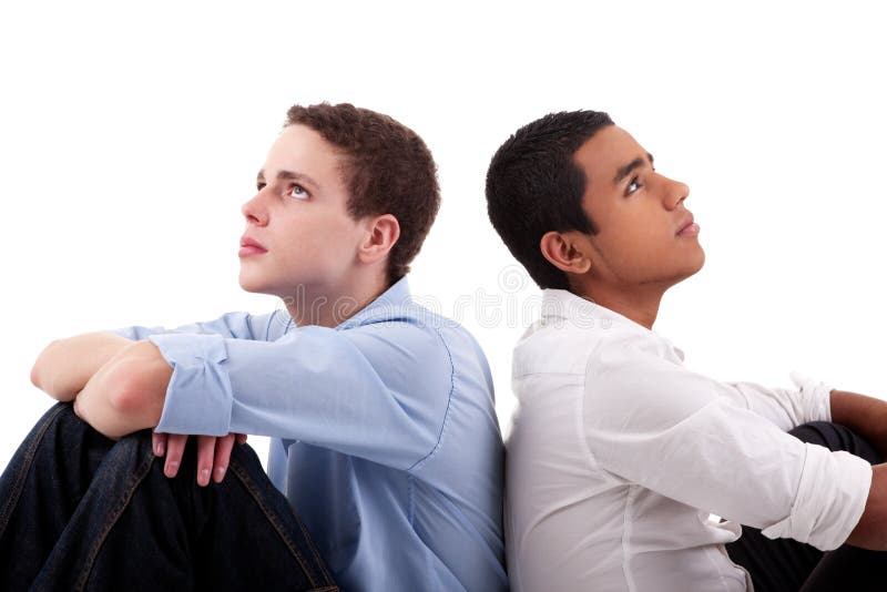 Two Young Man of Different Colors, Sitting on Floor Stock Image - Image ...