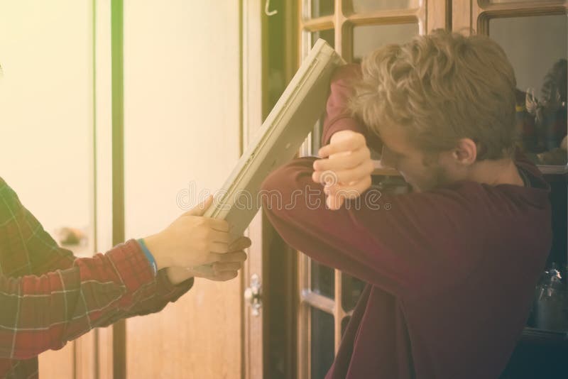 Two Young Men Fighting in Office, Punch in Face with Computer Keyboard ...
