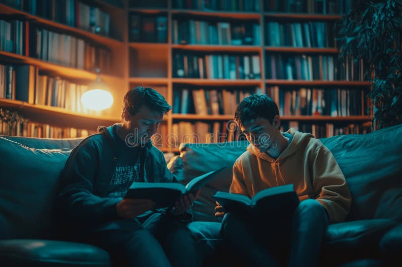 Two Young Men Reading Books in a Cozy Library. a Warm Lamp Casts a Soft ...