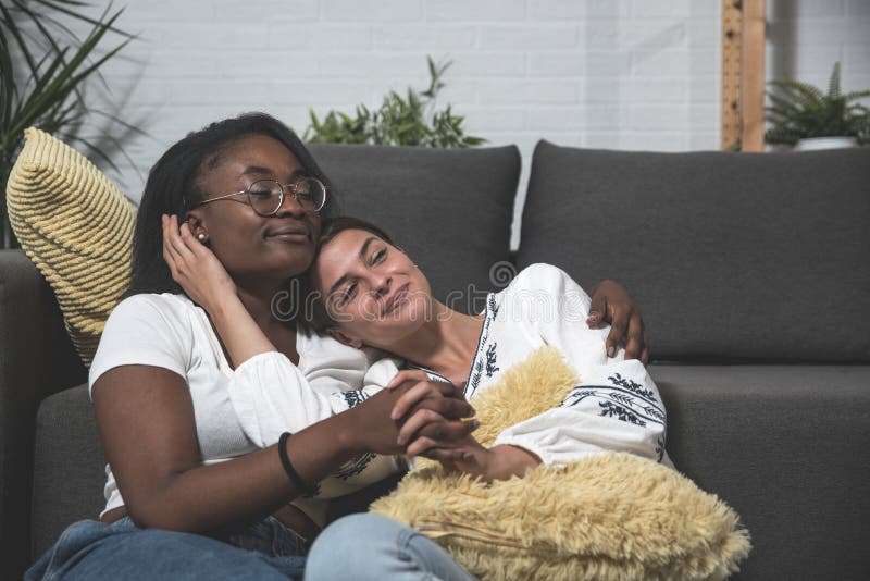 Two Young Mixed Race Lesbian Couple Black African And White Woman