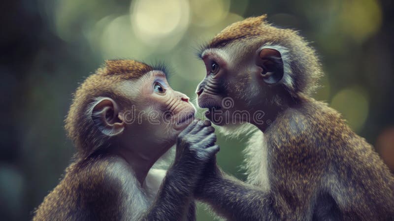 Two Young Monkeys Interacting Tenderly in Lush Green Forest Stock ...