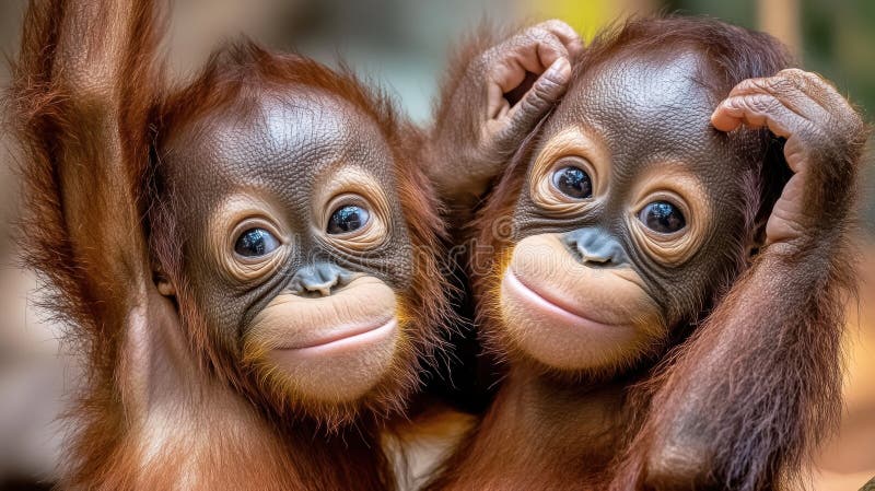 Two Young Monkeys are Posing for the Camera, One with His Hand on Top ...