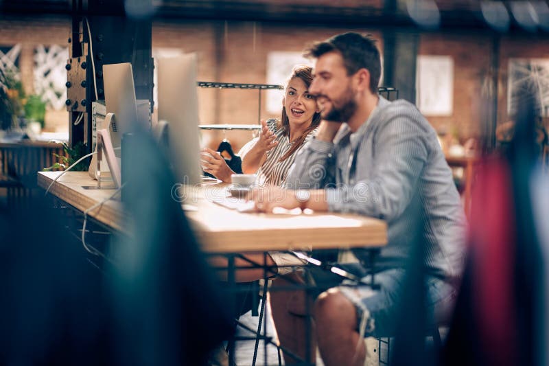 Two Young Office Workers in Casual Clothes Chatting on Coffee Break ...