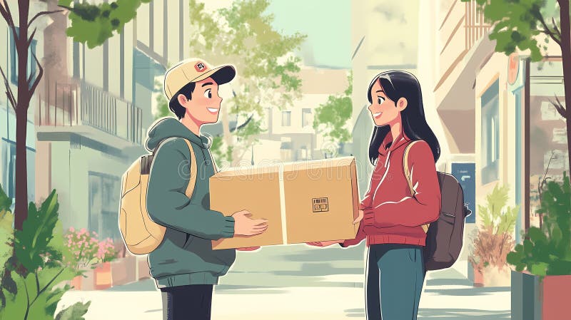 Two Young People Exchanging a Package in a Cheerful Urban Setting Stock ...