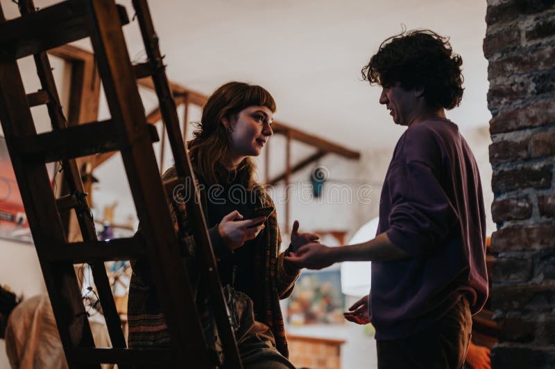Two Friends Engaging Conversation Cozy Rustic Indoor Setting Stock ...