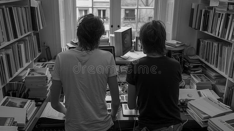 Two Young People Working in a Book-Filled Office Space Stock ...