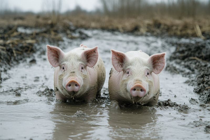 Two Young Pigs are Cooling Off in a Muddy Puddle on a Farm Stock Image ...