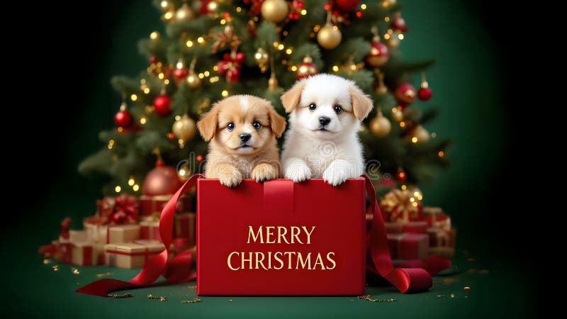 Two Young Puppy Dogs Behind a Christmas Present Looking Cute Stock ...