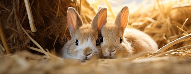 Two Young Rabbits without Fur are Resting in Straw, Fluffy Eater ...