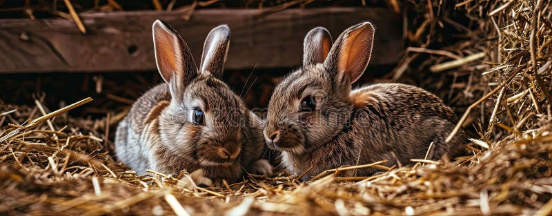 Two Young Rabbits without Fur are Resting in Straw, Fluffy Eater ...