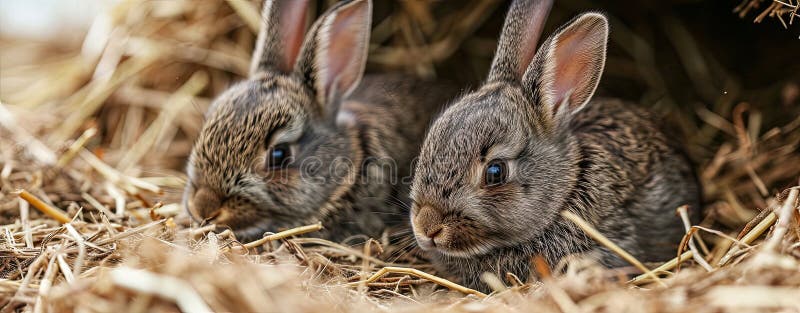 Two Young Rabbits without Fur are Resting in Straw, Fluffy Eater ...