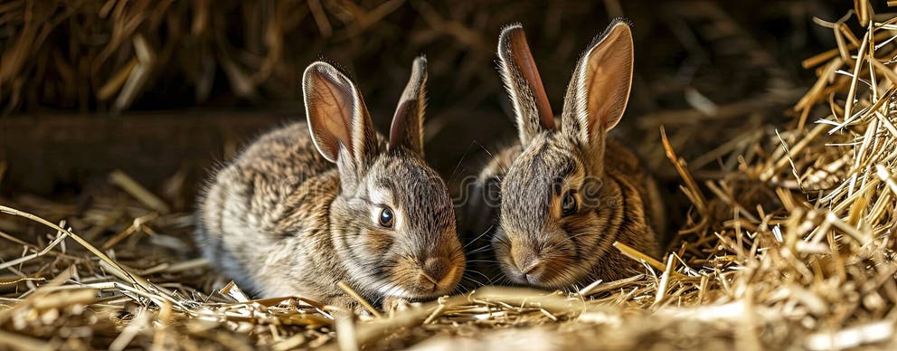 Two Young Rabbits without Fur are Resting in Straw, Fluffy Eater ...