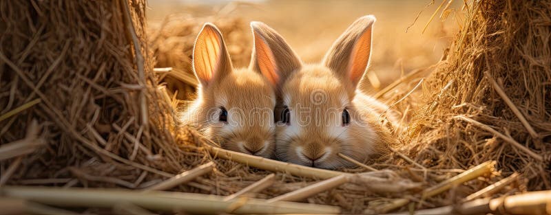 Two Young Rabbits without Fur are Resting in Straw, Fluffy Eater ...