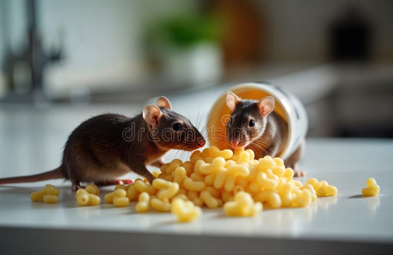 Two Young Rats Eating Pasta from Open Container on Kitchen Counter ...