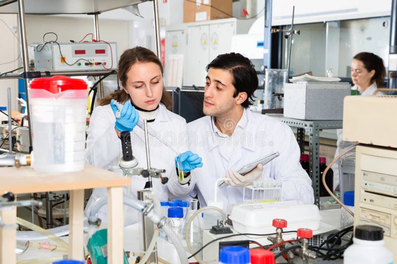 Two Young Scientists Working Together in Laboratory Writing Report on ... Two Young Scientists Working Together in Laboratory Writing Report on ...