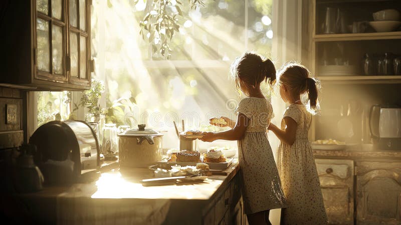 Two Young Sisters Cooking Together in a Kitchen with the Sun Shining in ...