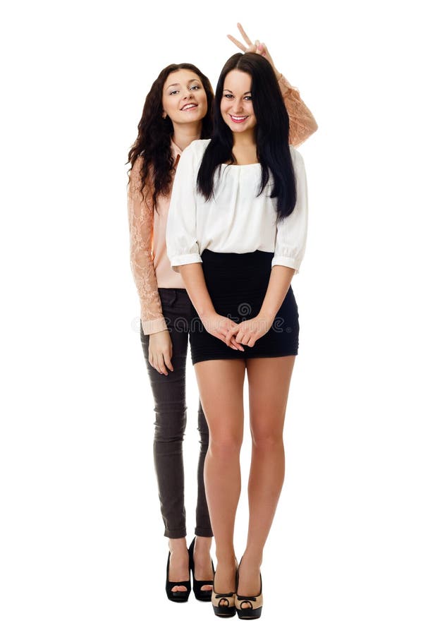 Two Young Standing Women Have Fun Stock Image - Image of female, white ...