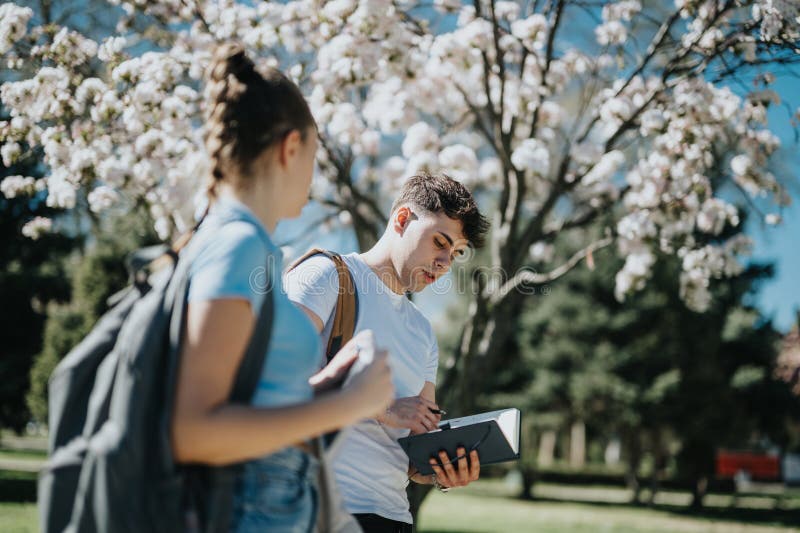 Young Students Reviewing Notes at a Sunny Park after School, Engaged in ...