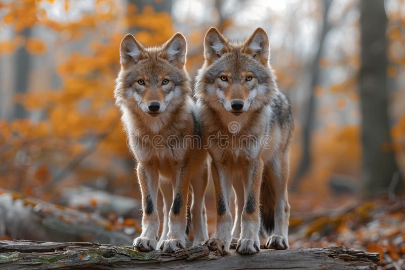 Two Young Wolves Standing on a Log in the Woods, High Quality, High ...