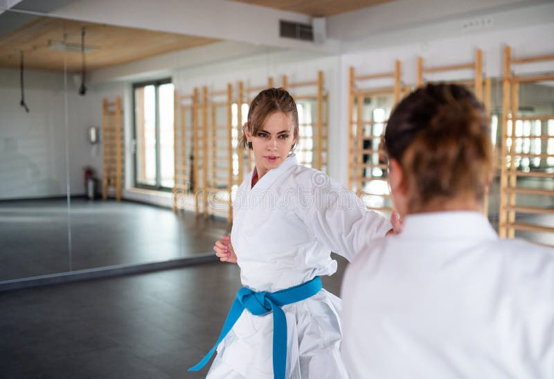 Young Women Practising Karate Indoors in Gym. Stock Image - Image of ...