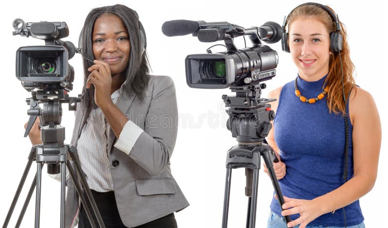 Two Young Women with Professional Video Camera and Headphone Stock ...