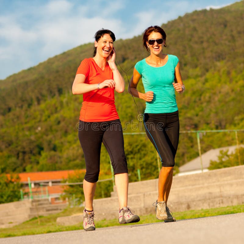 Two Young Women Running Outdoor Stock Image - Image of recreation ...