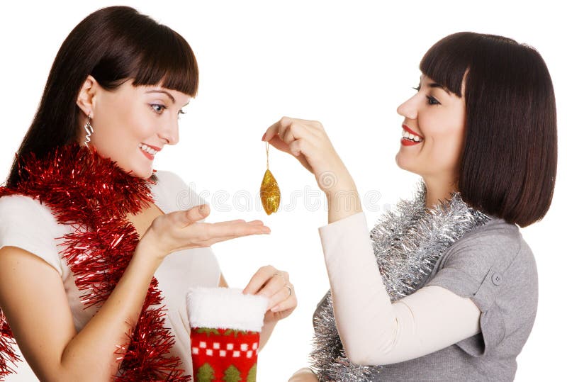 Two Young Women Taking Out Their Christmas Present Stock Image - Image ...