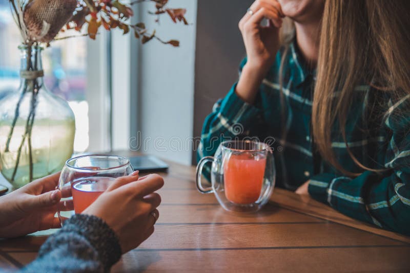 Two Young Women Talking in Cafe and Drinking Warm Up Tea Stock Image ...