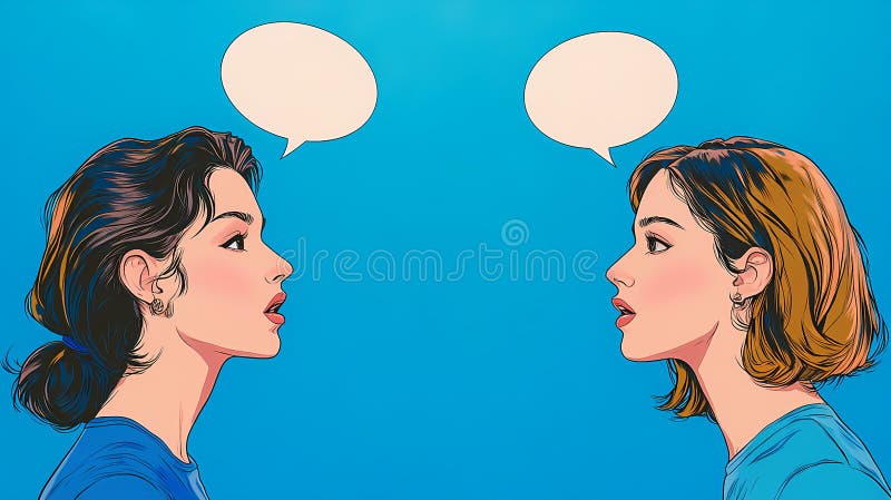 Two Young Women Talking with Speech Bubbles on Blue Background Stock ...