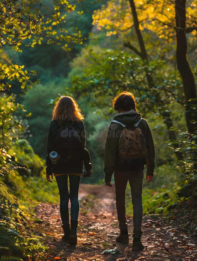 Two Young Women Walking in the Woods Stock Image - Image of backs ...