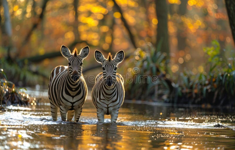 Two Zebras Crossing River in the Early Morning Light Stock Photo ...