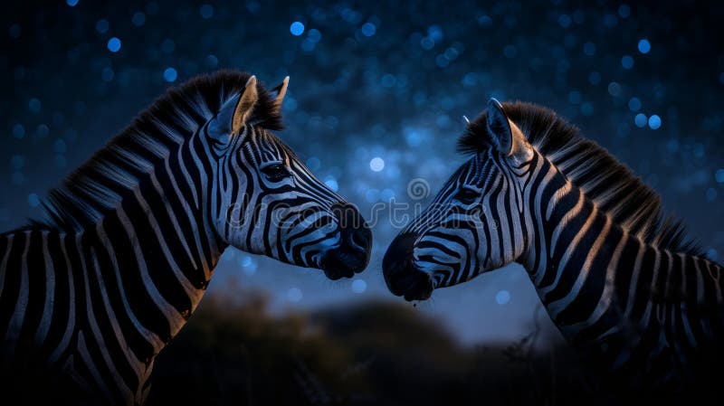 Two Zebras Facing Each Other Under Starry Night Sky, Wildlife and ...