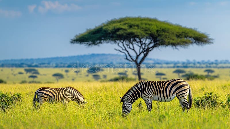 Two Zebras Grazing in an African Savanna Under a Large Acacia Tree ...