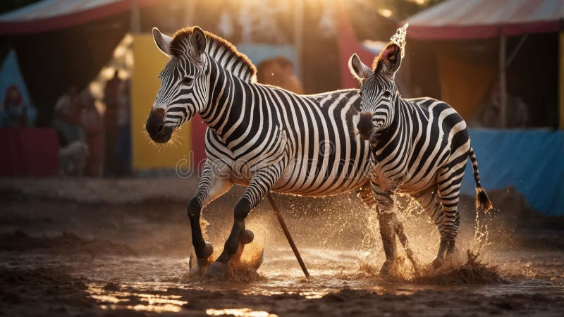 Striking Zebras Running through Water at Sunset, Golden Hour Wildlife ...