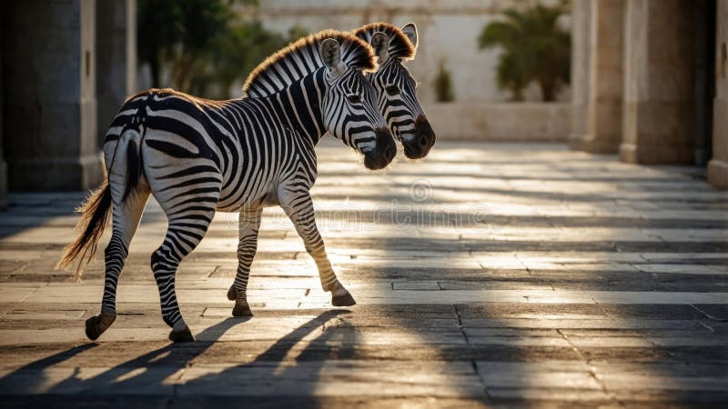 Two Zebras Walking on a Stone Pathway with Sunlight Casting Long ...
