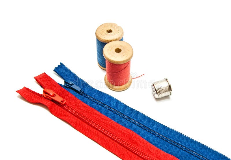 Two Zipper, Thimble and Two Spools of Thread Stock Image - Image of ...